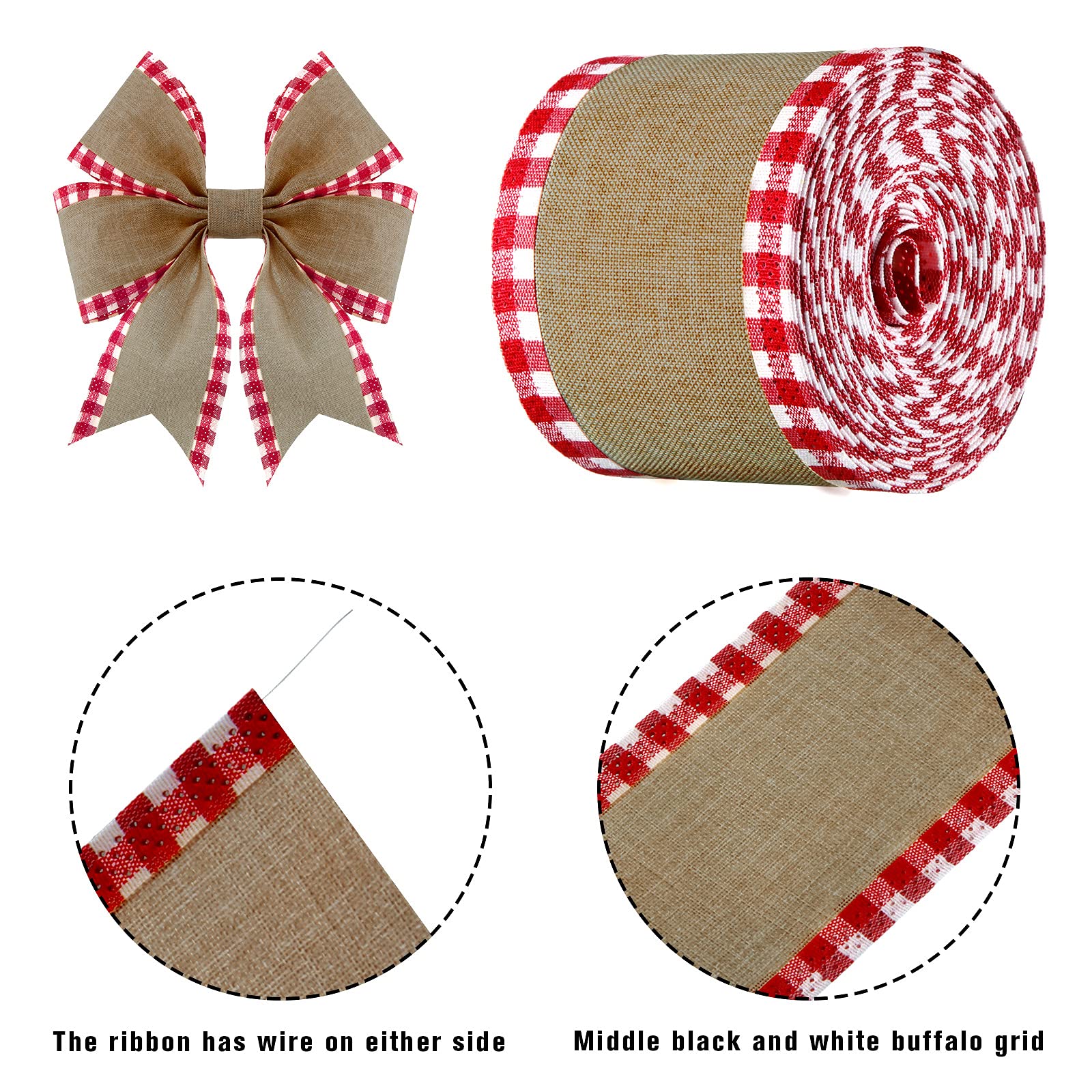 2 Rolls Christmas Buffalo Plaid Wired Edge Ribbons Christmas Tree Burlap Fabric Craft Ribbon Wrapping Ribbon with Checkered Edge, 216 Inch (Red and White,2.5 Inch Width)