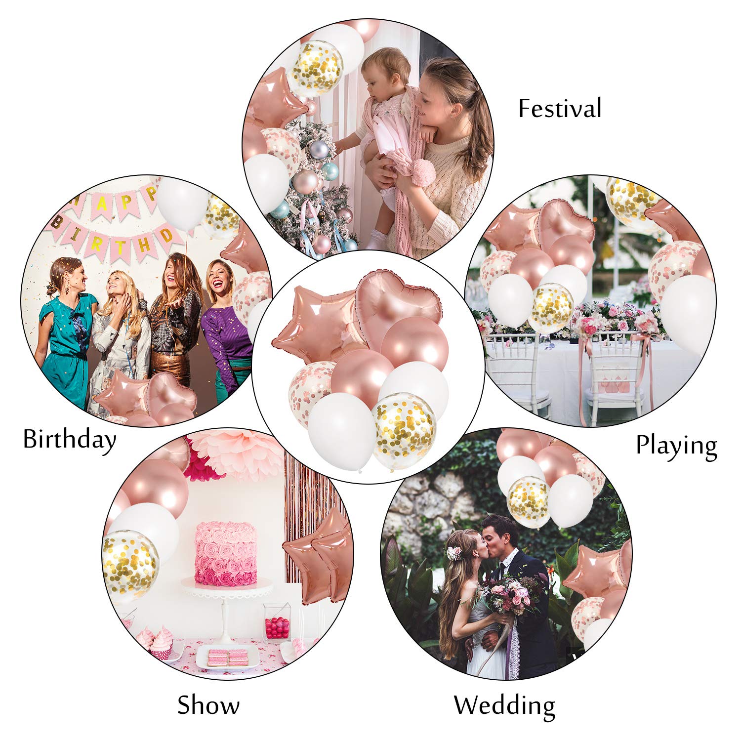 Amandir Rose Gold Birthday Party Decorations Kit, Confetti Foil Rose Gold Balloons Happy Birthday Banner Tassels Metallic Fringe Curtains 30th 40th 50th 60th Birthday Mother's Day Supplies for Women