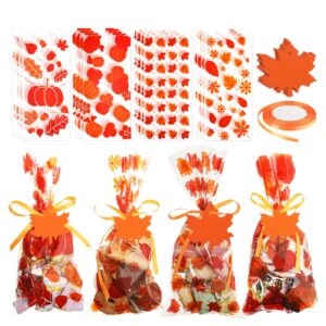 chinco 240 pcs fall cellophane treat bags thanksgiving cellophane candy bags bulk leaves goodie gift bags autumn cello treat bags with fall maple leaf tags for fall autumn thanksgiving party supplies