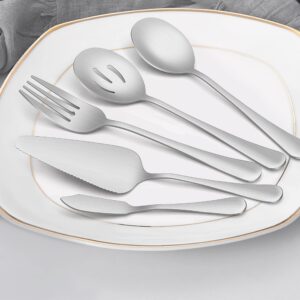 Matte Serving Utensils HaWare 5-Piece Stainless Steel Hostess Serving Set for Party Kitchen Restaurant, Satin Finished, Dishwasher Safe, Include Spoons, Slotted Spoon, Forks, Pie Server, Butter Knife