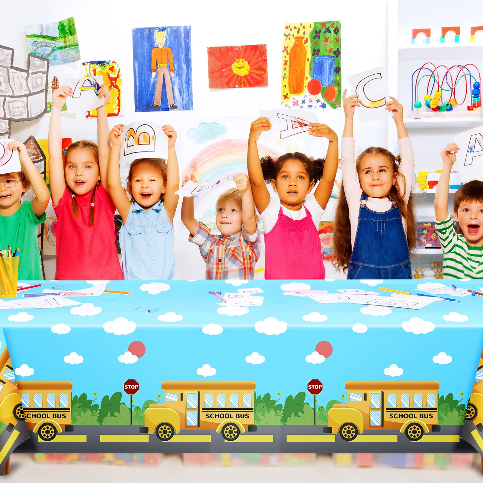 School Bus Tablecloth School Party Table Cover First Day of School Party Table Cloth School Table Cover Waterproof School Theme Table Covers for School Party, 51 x 87 Inch (2 Pieces)