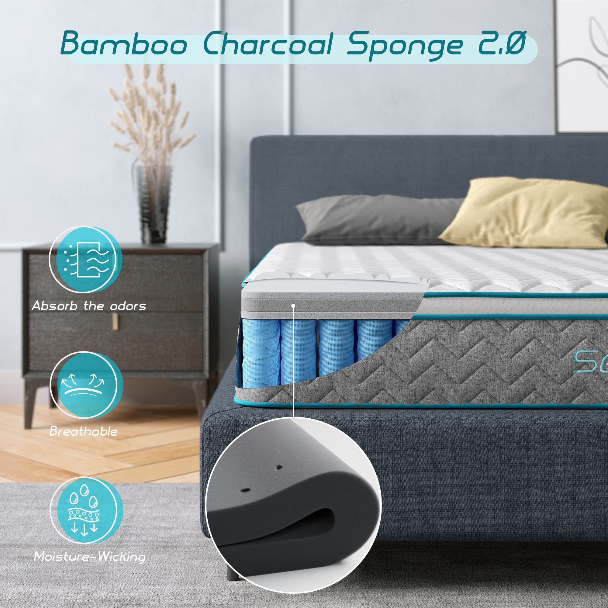 Serweet 10 Inch Bamboo Charcoal Memory Foam Hybrid Twin Mattress - 7-Zone Pocket Innersprings for Motion Isolation -Heavier Coils for Durable Support -Medium Firm -Made in Century-Old Factory