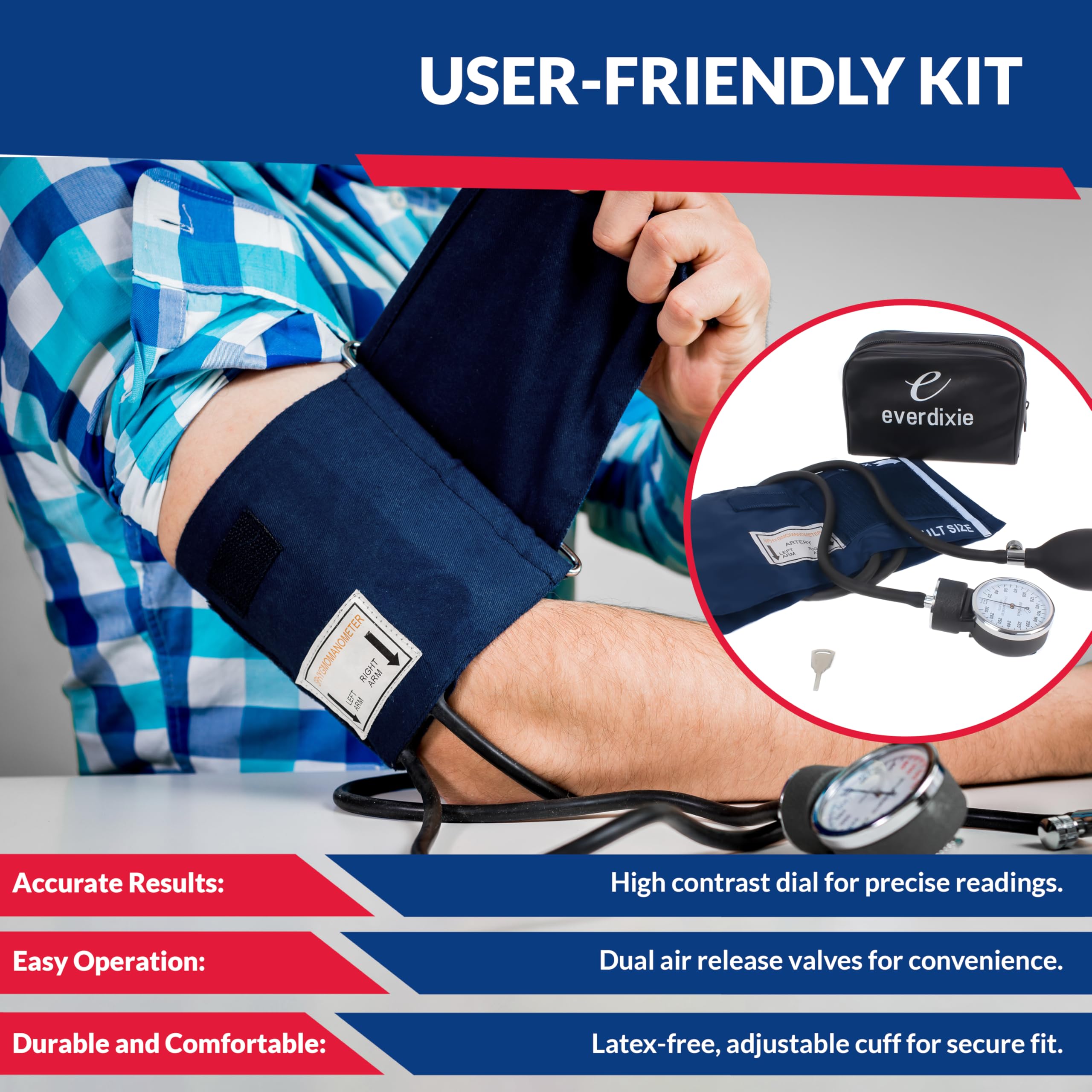 Dixie EMS Aneroid Sphygmomanometer, Manual Blood Pressure Monitor with Cuff, Carrying Case and Calibration Key - Size (13.5” – 20”)