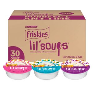 purina friskies grain free wet cat food lickable cat treats variety pack, lil' soups with salmon, tuna or shrimp - (pack of 30) 1.2 oz. cups