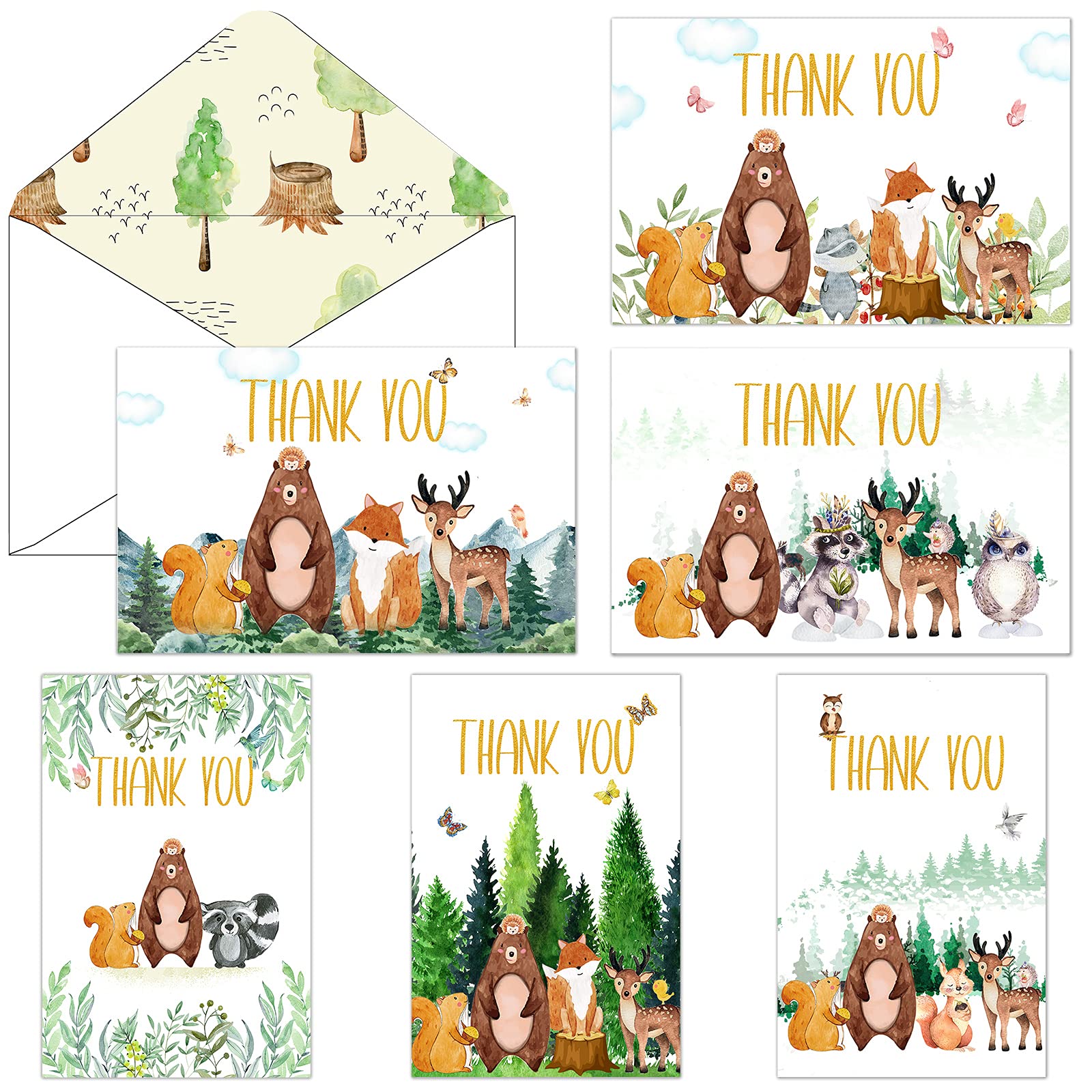 Zonon 72 Pieces Woodland Thank You Cards 36 Forest Envelopes and 36 Bear Forest Greeting Thank You Cards Animal Blank Notes Card for Baby Shower Party