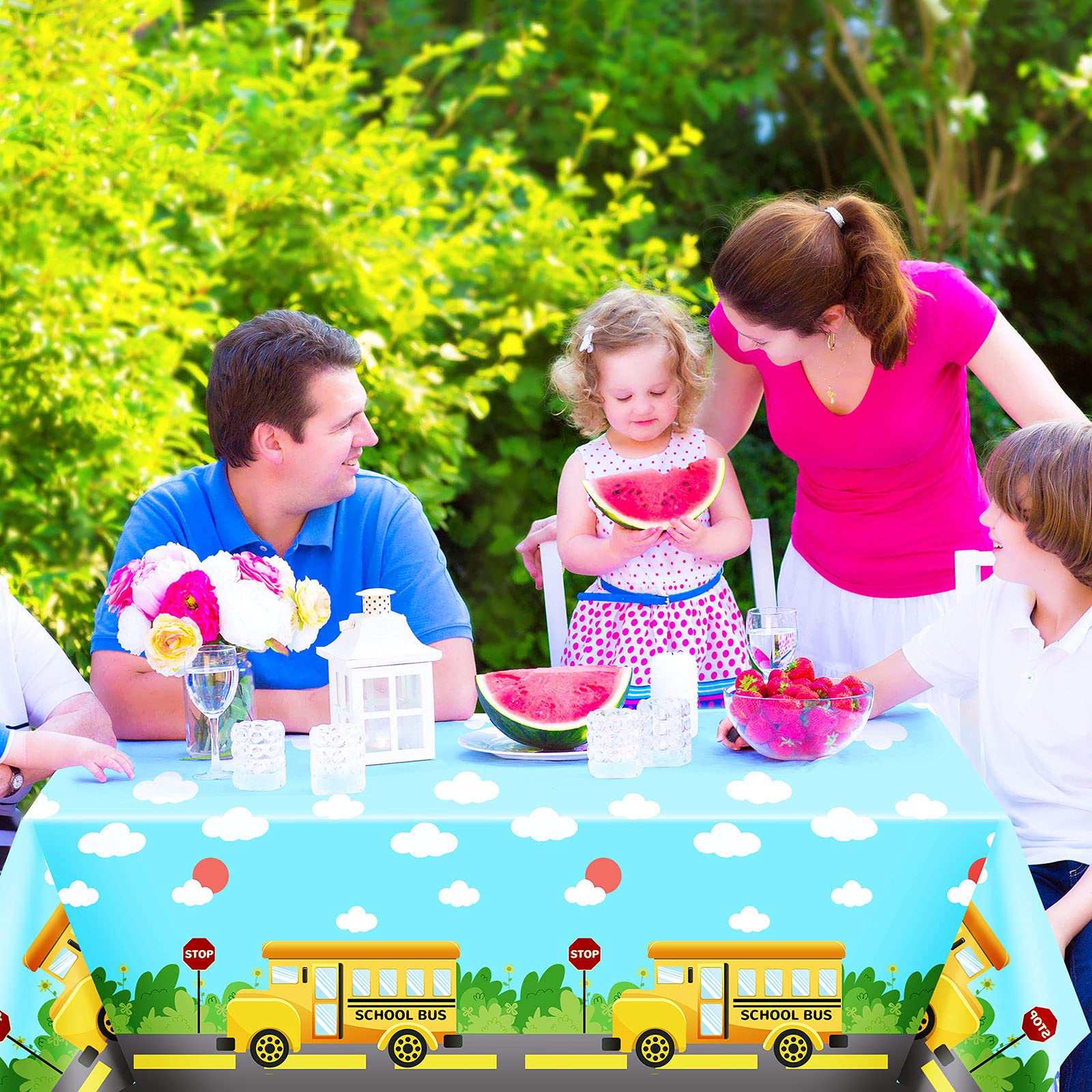 School Bus Tablecloth School Party Table Cover First Day of School Party Table Cloth School Table Cover Waterproof School Theme Table Covers for School Party, 51 x 87 Inch (2 Pieces)