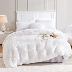 eheyciga faux fur duvet cover, ultra soft shaggy fluffy comforter cover with luxury velvet on reverse zipper closure 1pc (1 duvet cover, white, king)