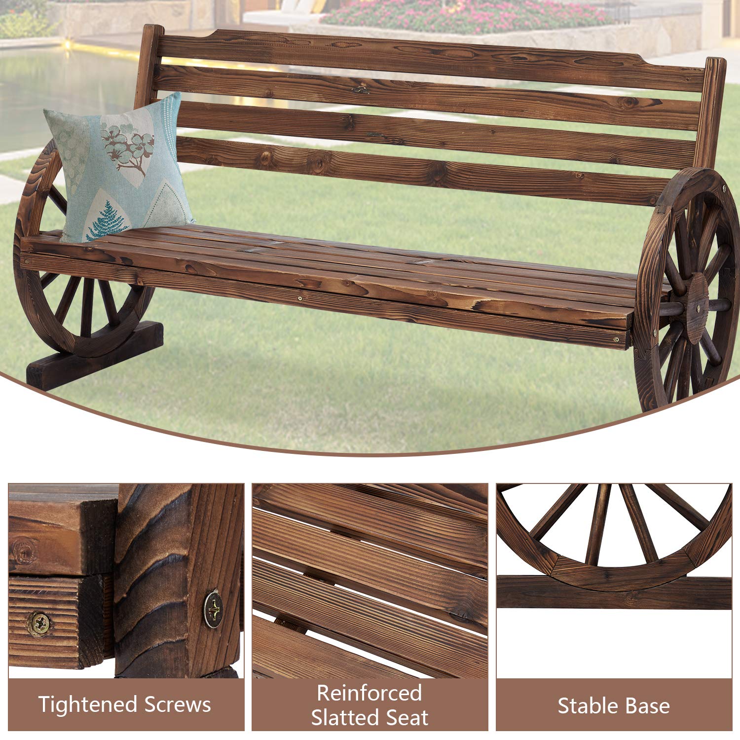 JSUN7 2-Person Rustic Wooden Wheel Bench Wagon Wood Seat with Backrest Rustic Country Design Bench for Backyard Patio