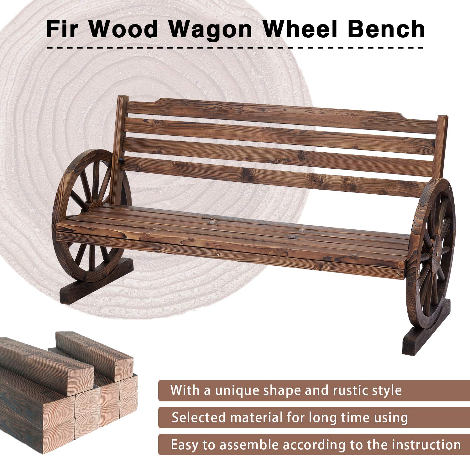 JSUN7 2-Person Rustic Wooden Wheel Bench Wagon Wood Seat with Backrest Rustic Country Design Bench for Backyard Patio