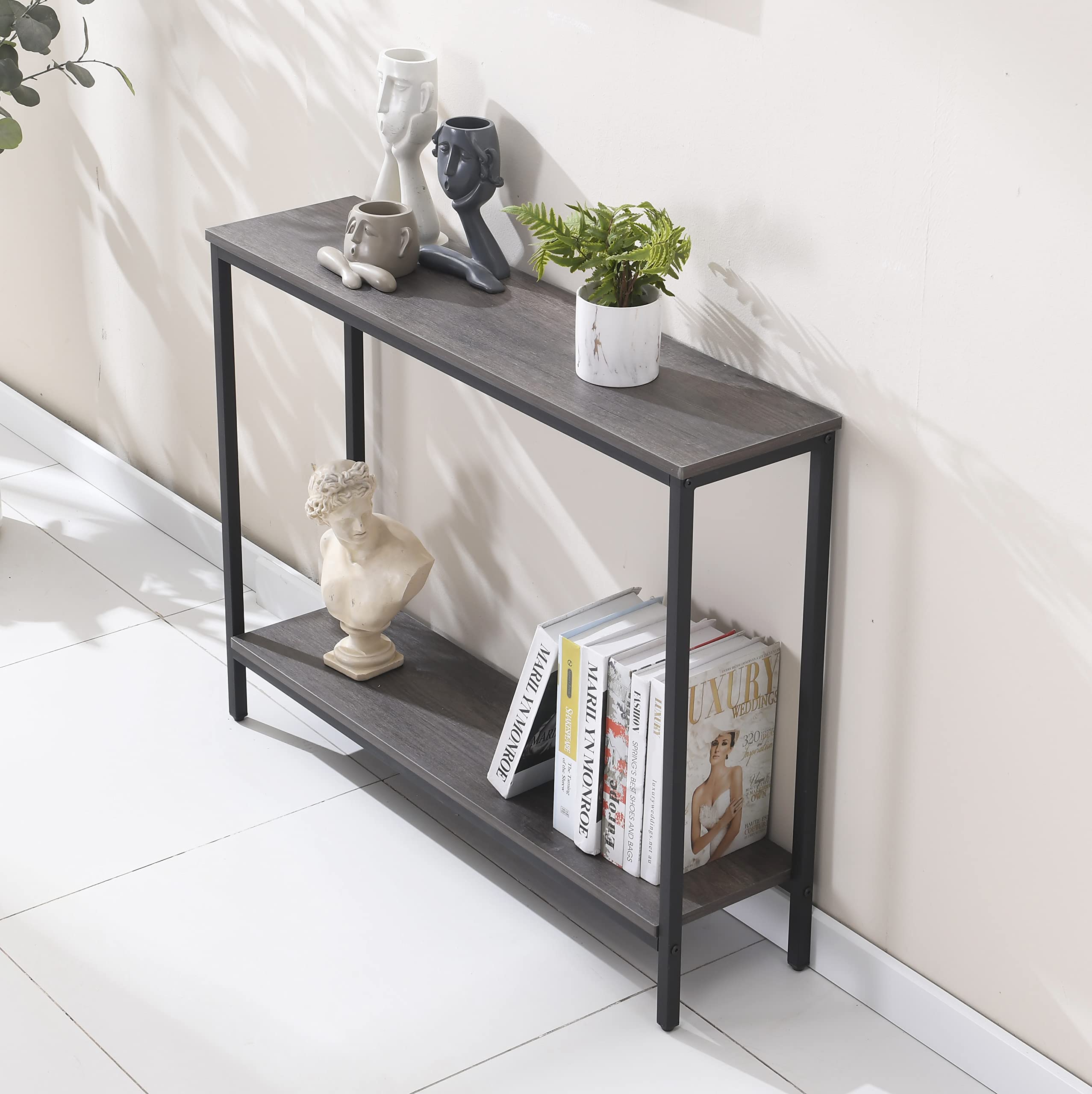 MAJARO Modern Industrial Sofa Console Table for Living Room, Office (Dark Grey, Double Layer)