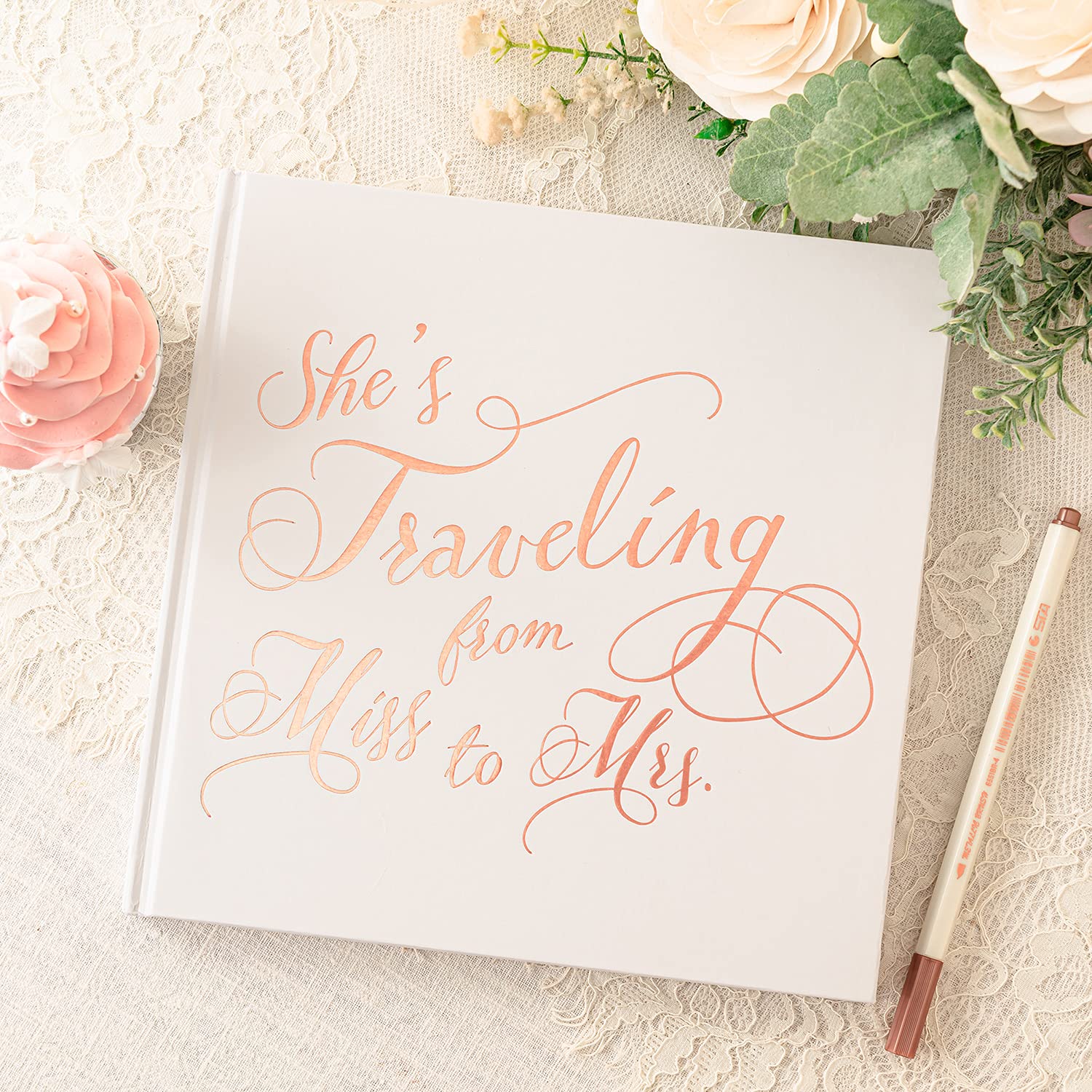 Calculs She's Traveling from Miss to Mrs Polaroid Bridal Shower Guest Book 8.5" Square Bride to Be Scrapbook, White Cover, Rose Gold Foil Stamping, Blank White Pages for Instax