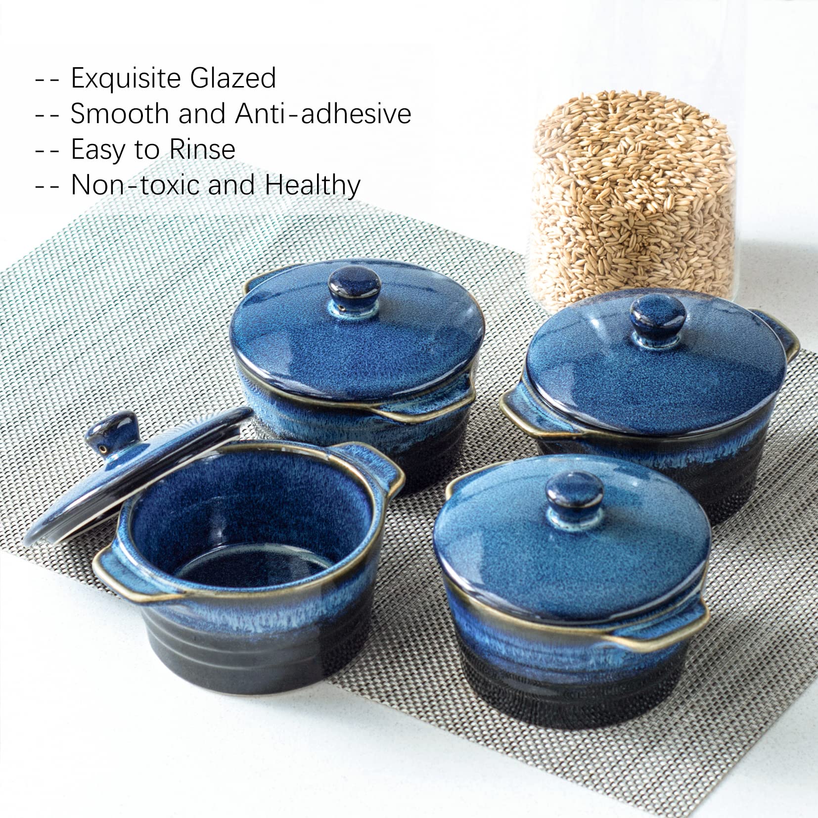 UNICASA 8 oz Ceramic Ramekins with Lid, Mini Casserole Dish with Handles Set of 4, Porcelain Small Baking Dish, Round Small Cocotte Oven Safe, Reactive Glaze (Blue)