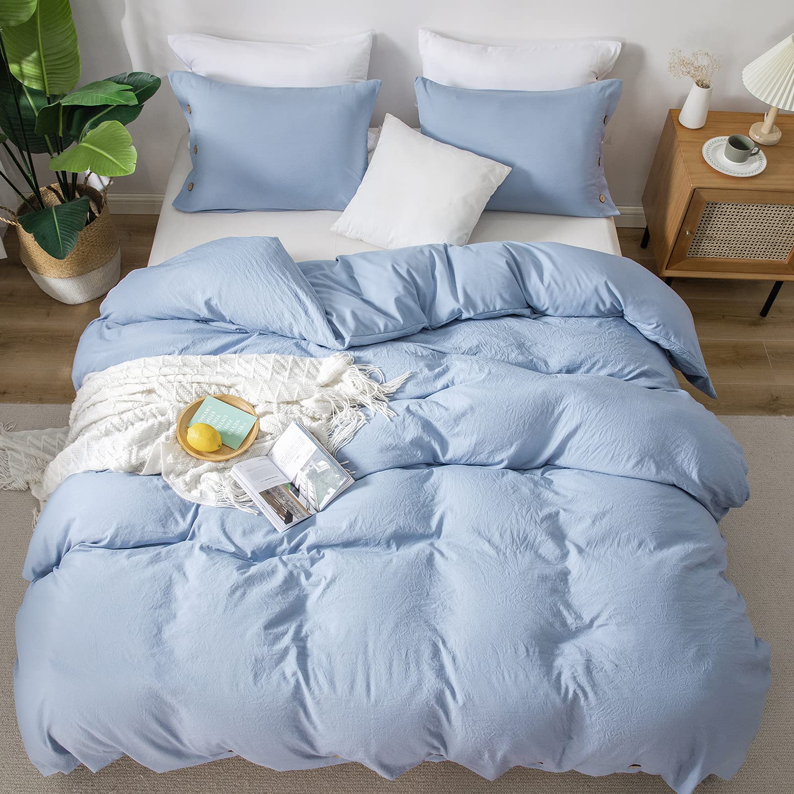 Rose Lake Grayish Blue Duvet Covers King Size Soft Lightweight Washed Duvet Cover 3 Pieces Bedding Sets with Button Closure, 1 Duvet Cover 104x90 inches and 2 Pillow Cases (No Comforter)