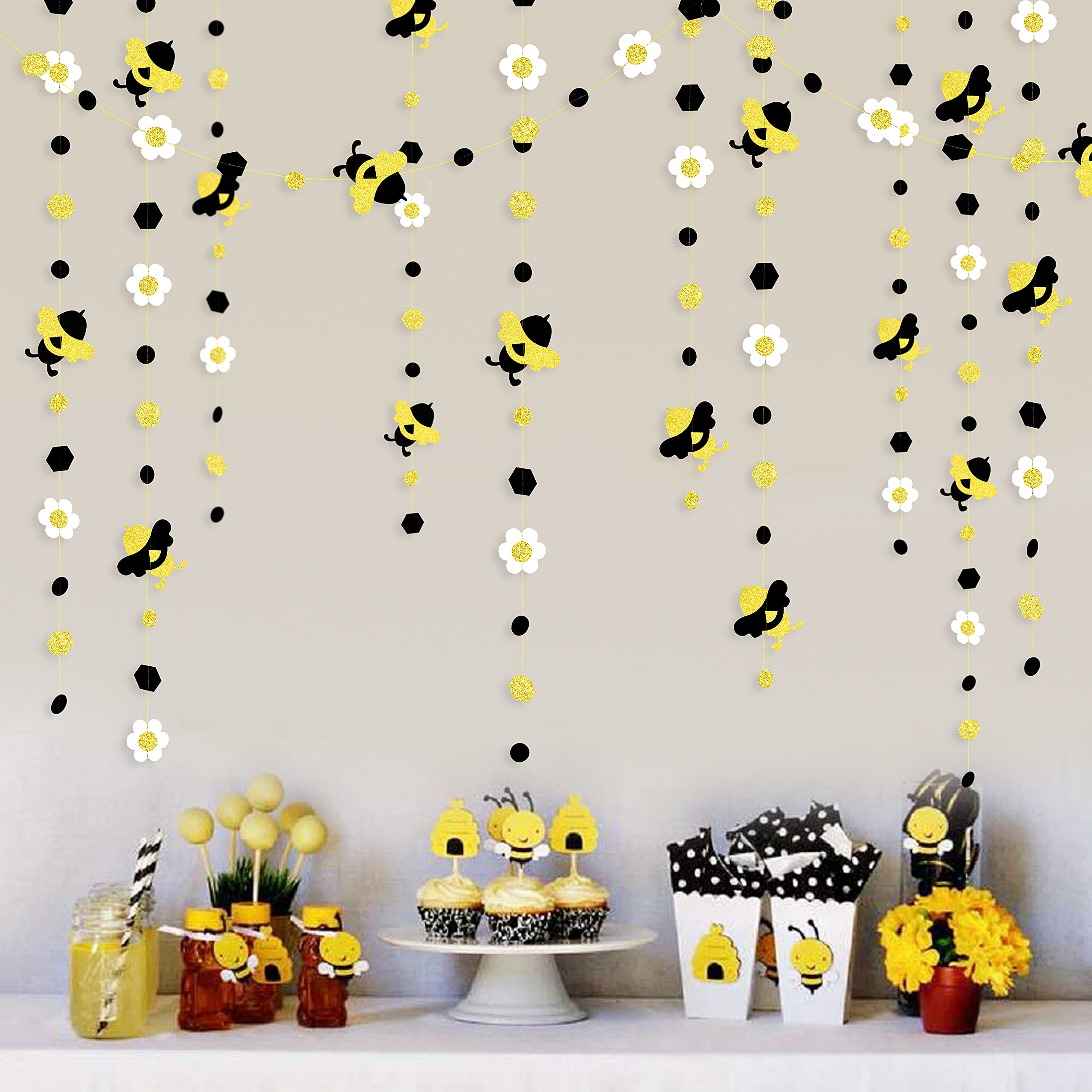 52Ft Black Gold White Bee Flower Circle Dot Banner Garland Glitter Honeycomb Bumble Gender Reveal Decorations for Kids Birthday Baby Shower What Will It Bee Happy Bee Day Mom to Bee Party Supplies