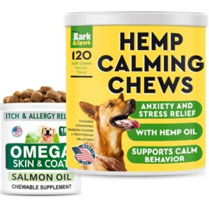 omega 3 for dogs + calming hemp treats for dogs bundle - fish oil chews for dog shedding, skin allergy, itch relief + anxiety relief - separation aid - stress relief during fireworks, storms, thunder