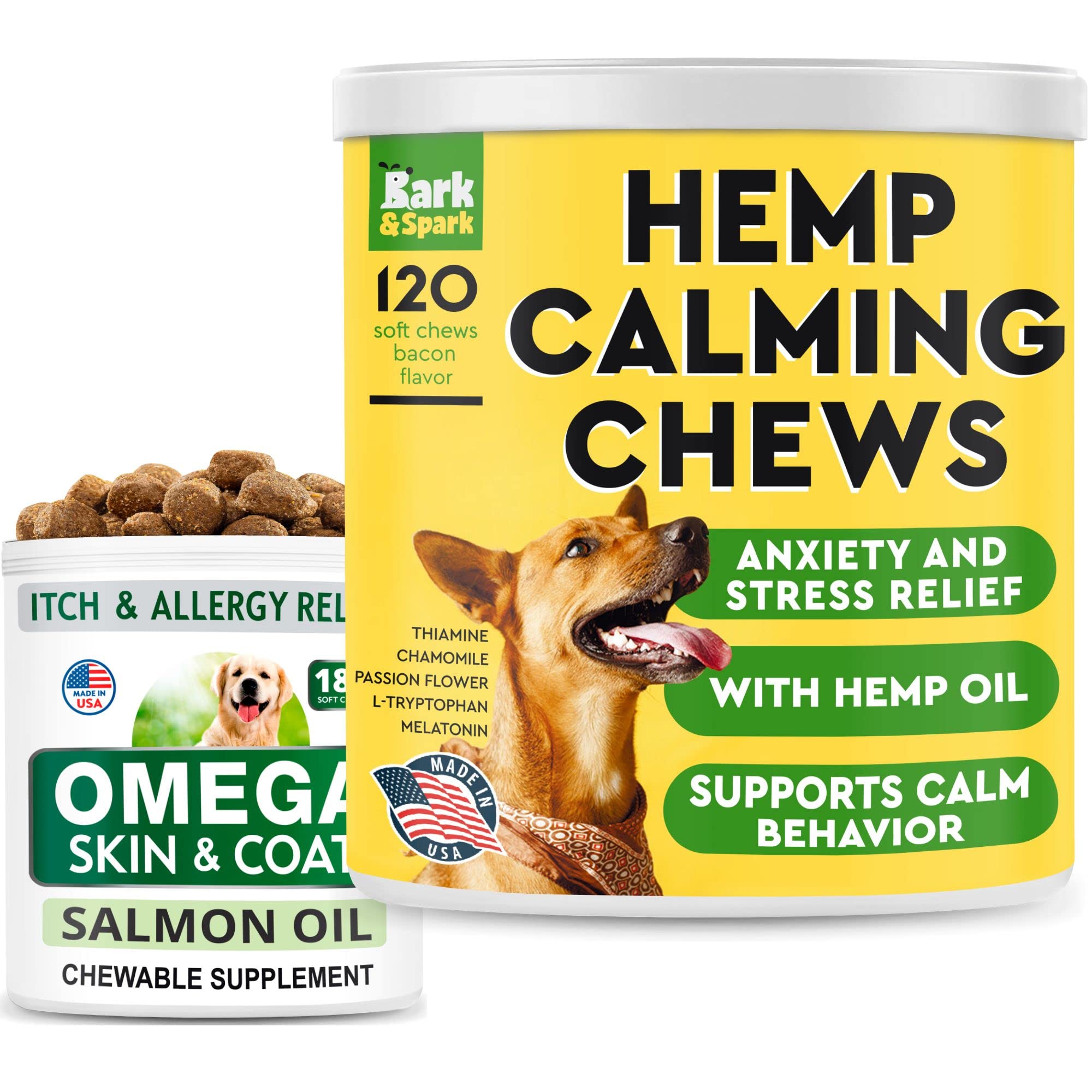 Omega 3 for Dogs + Calming Hemp Treats for Dogs Bundle - Fish Oil Chews for Dog Shedding, Skin Allergy, Itch Relief + Anxiety Relief - Separation Aid - Stress Relief During Fireworks, Storms, Thunder