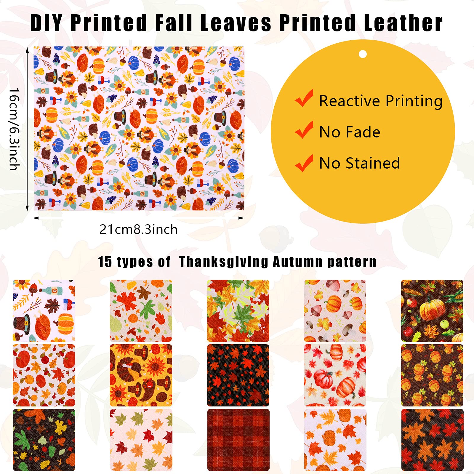 15 Pieces Fall Thanksgiving Faux Leather Sheet Autumn Theme Plaid Printed Artificial Leather Sheet Pumpkin Fall Leaves Pattern Synthetic Leather Sheet for DIY, 8.3 x 6.3 Inch