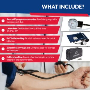 Dixie EMS Aneroid Sphygmomanometer, Manual Blood Pressure Monitor with Cuff, Carrying Case and Calibration Key - Size (13.5” – 20”)