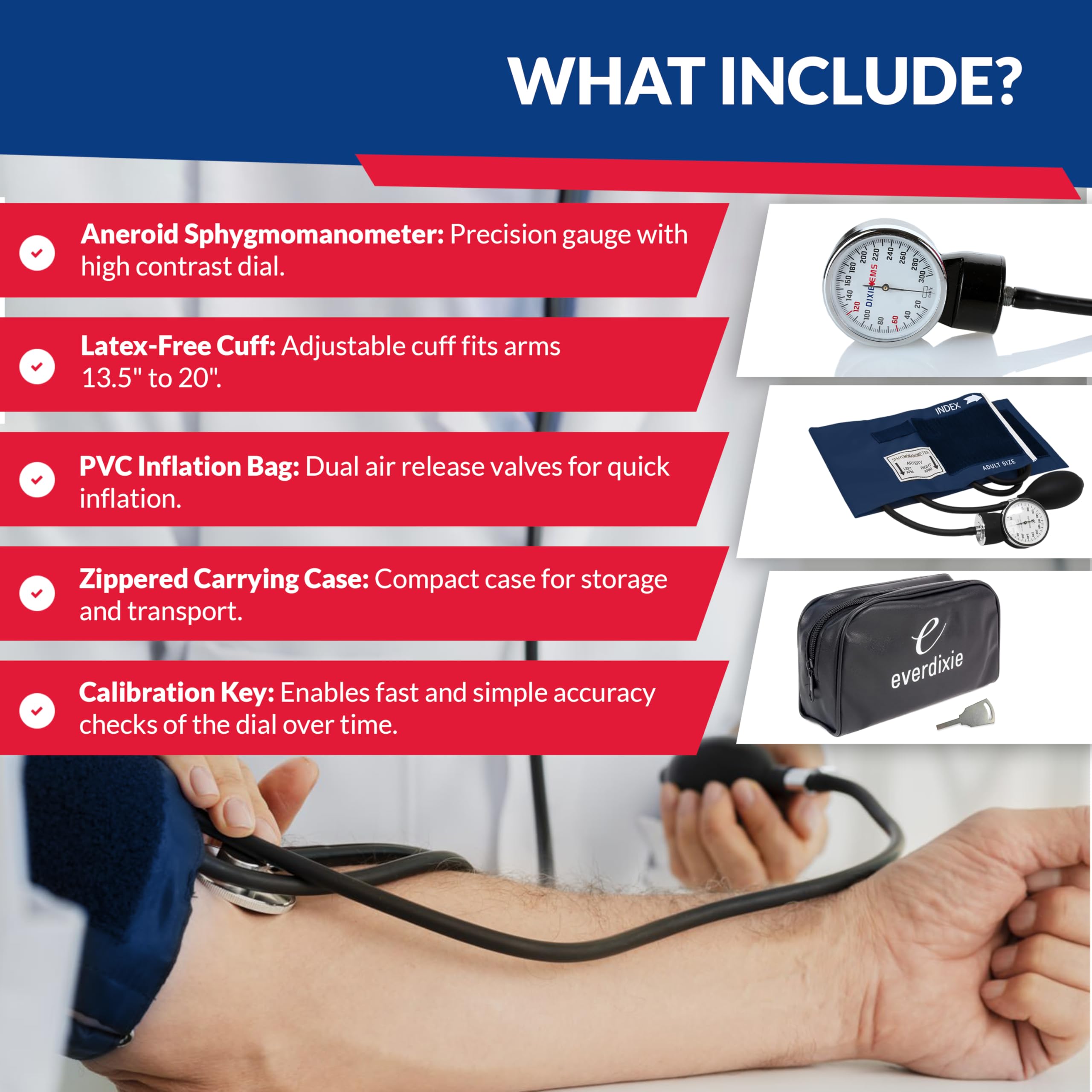 Dixie EMS Aneroid Sphygmomanometer, Manual Blood Pressure Monitor with Cuff, Carrying Case and Calibration Key - Size (13.5” – 20”)