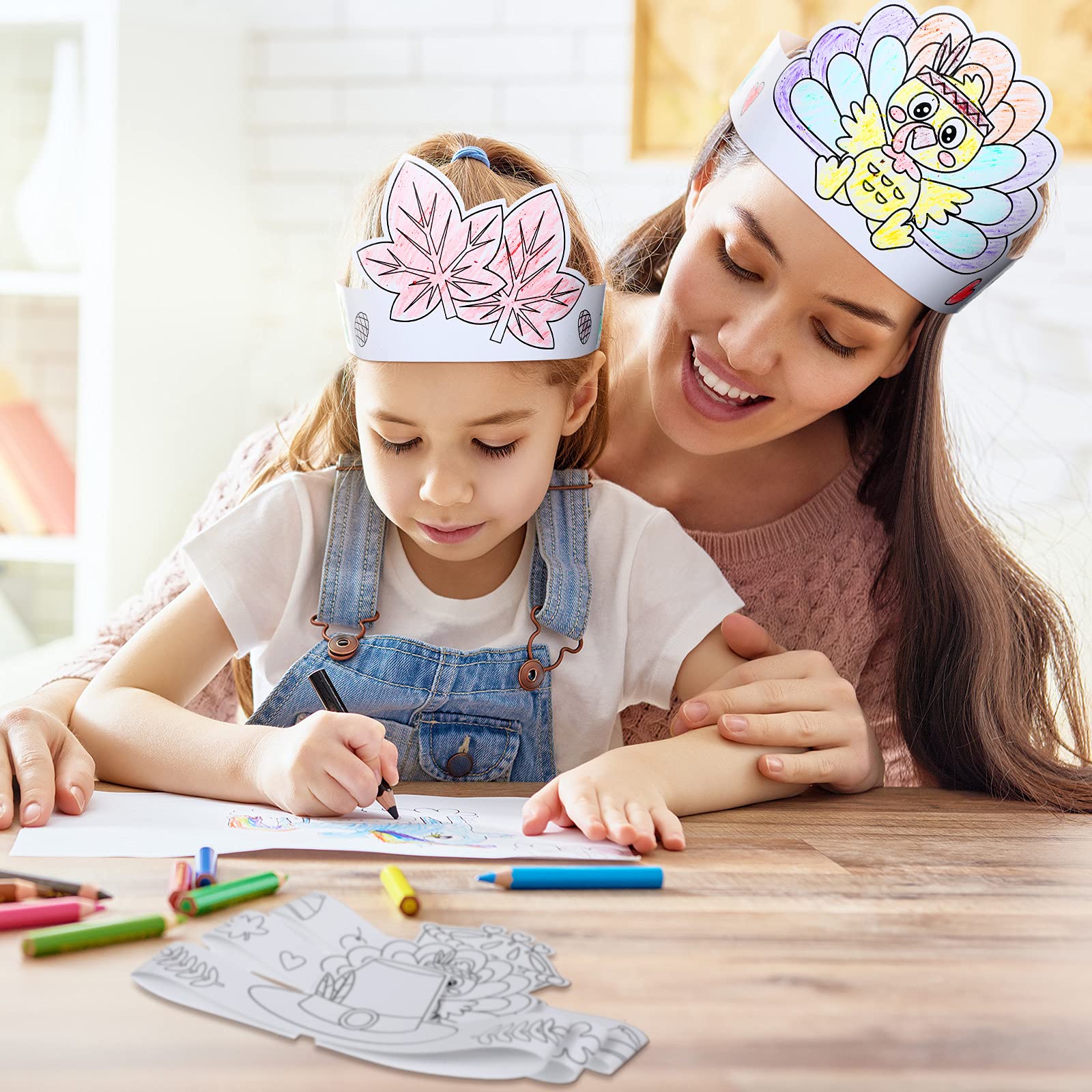 Sumind 24 Pieces Color Your Own Thanksgiving Crowns Thanksgiving Craft for Kids Turkey Paper Hat for Sunday School Thanksgiving Activity (Classic)