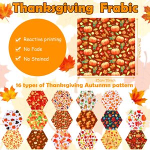 Tatuo 16 Pieces Thanksgiving Fabric Fall Fabric Fat Fabric Bundles Craft Plaid Fabric Squares Patchwork with Pumpkin Maple Patterns for Autumn DIY Sewing Quilting Crafts, 10 x 10 Inch(Vivid Pattern)