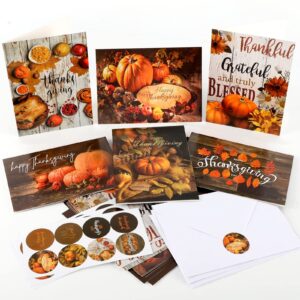 whaline 24pcs thanksgiving greeting cards assortment with stickers and envelopes 5" x 7" large vintage pumpkin thanksgiving cards rustic give thanks note cards for party favor supplies