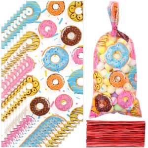 perkoop 100 pieces donut candy cellophane bags sweet doughnut treat favor goodie bags with 150 pieces twist ties for donut birthday party supplies, 5 x 11 inches