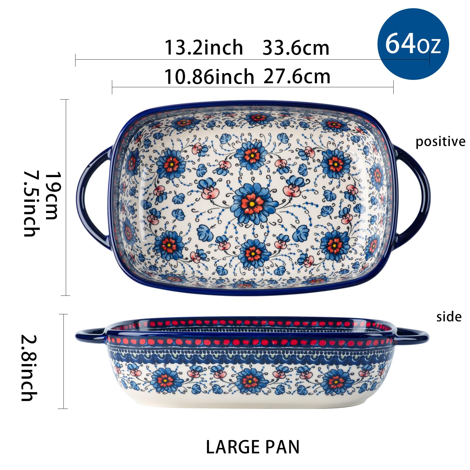 ONECCI Baking Dish Ceramic Baking Pan Blue Casserole Dish Rectangular Baking Set 2pcs Bakeware Sets Lasagna Pan Baking Dishes for oven (Blue plasma grass)