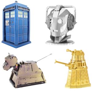 metal earth fascinations 3d metal model kits dr who set of 4 - tardis - gold dalek - cyberman head - rusty k-9