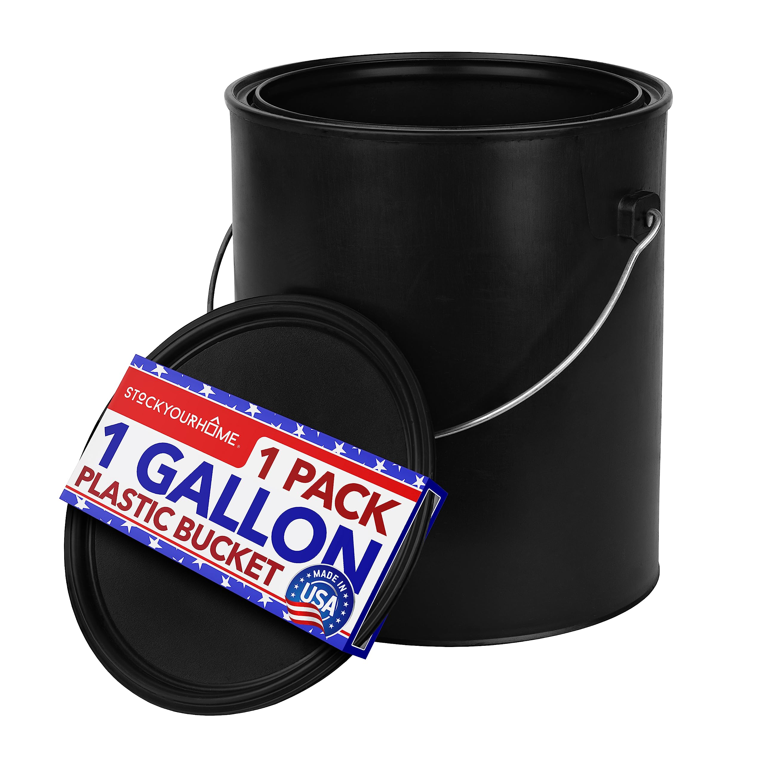 1 Gallon Plastic Paint Bucket (Black) - Triple Lock Airtight Seal - Minimizes Skimming - Rust Proof - Odor & Chemical Resistant - 128 Fl Oz All-Plastic Paint Can with Metal Handle - Stock Your Home