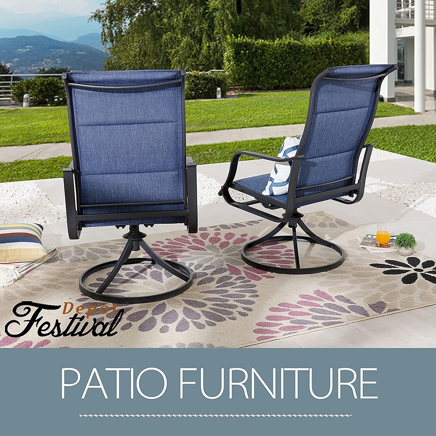 Festival Depot Patio Chair Set of 2 Swivel Rocker Dining Chairs with High Back and Textilene Fabric Comfortable Outdoor Furniture for Deck Garden (Blue, 2 pcs)