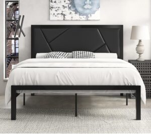 sha cerlin modern full size metal bed frame with litchi grain leather upholstered headboard, no box spring needed, 12.4" underbed storage, black