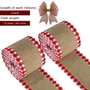 2 Rolls Christmas Buffalo Plaid Wired Edge Ribbons Christmas Tree Burlap Fabric Craft Ribbon Wrapping Ribbon with Checkered Edge, 216 Inch (Red and White,2.5 Inch Width)