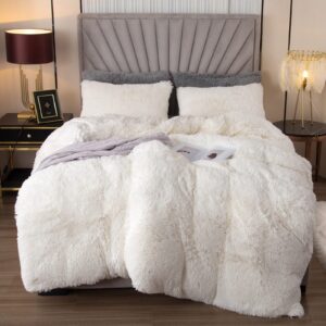 emme plush shaggy white duvet cover set queen size 3 pieces luxury fuzzy comforter cover set for queen bed fluffy soft bedding duvet covers (white, queen)