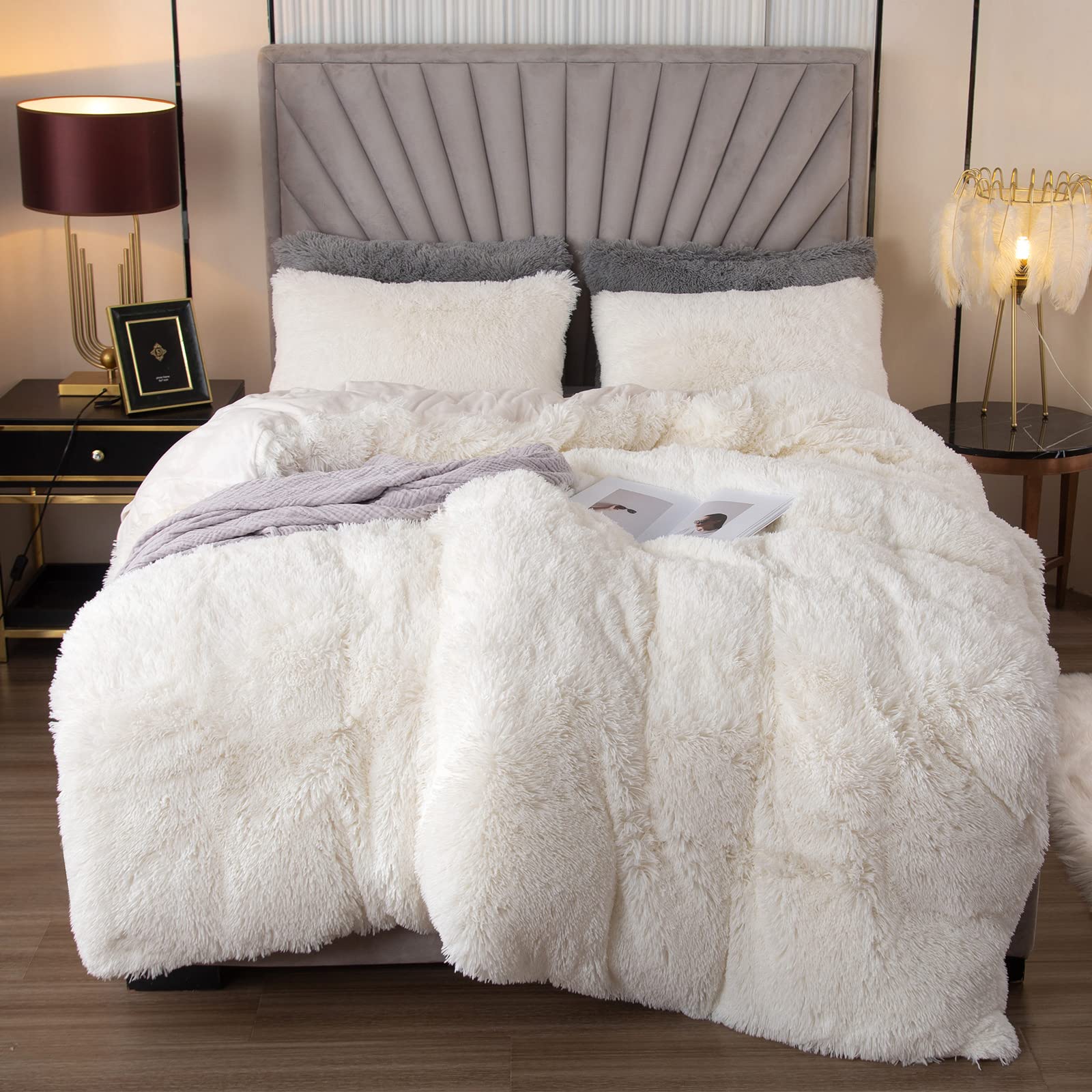 EMME Plush Shaggy White Duvet Cover Set Queen Size 3 Pieces Luxury Fuzzy Comforter Cover Set for Queen Bed Fluffy Soft Bedding Duvet Covers (White, Queen)