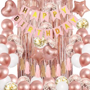 amandir rose gold birthday party decorations kit, confetti foil rose gold balloons happy birthday banner tassels metallic fringe curtains 30th 40th 50th 60th birthday mother's day supplies for women