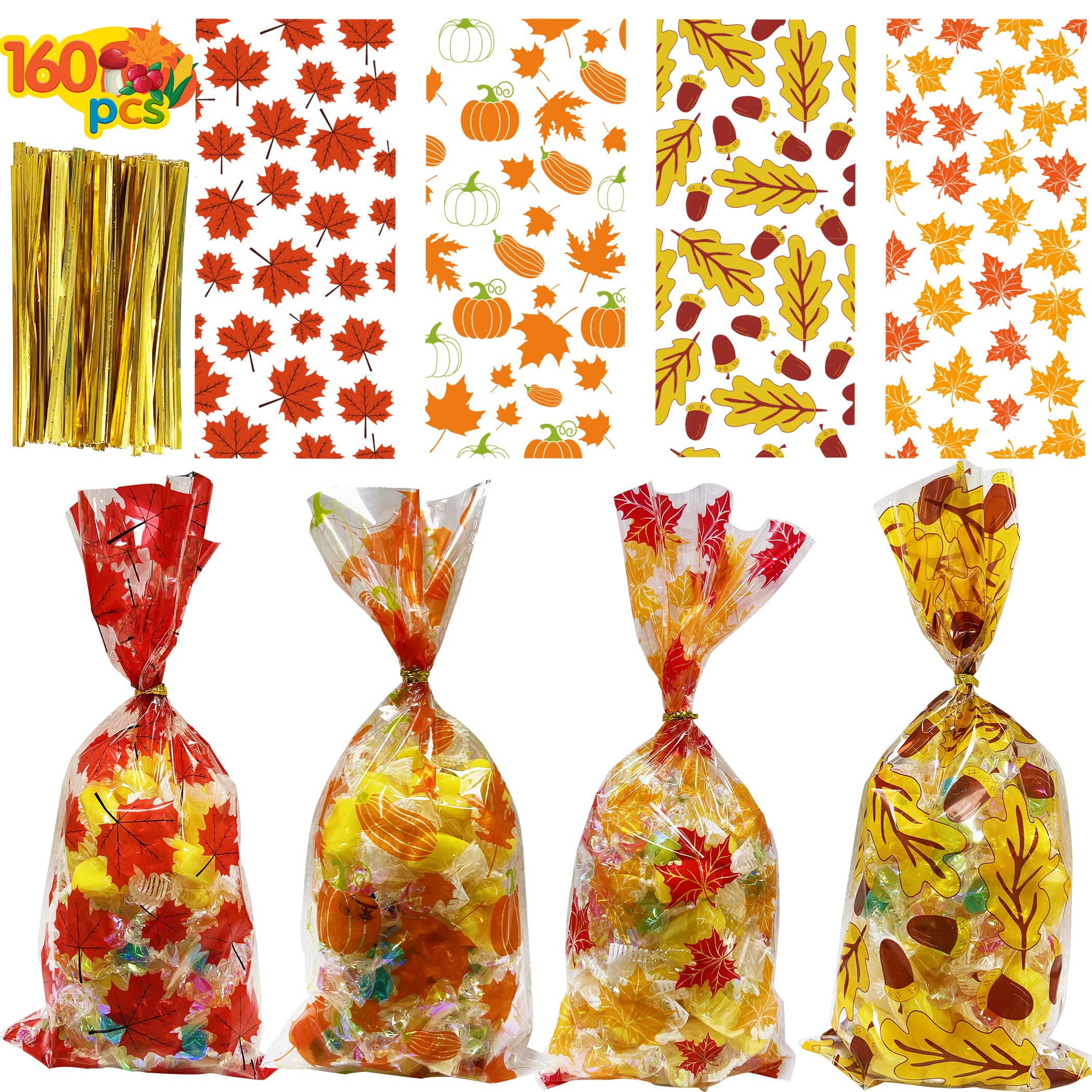 Fall Cellophane Bags 160 Pcs Fall Treat Bags Fall Goodie Bags Fall Candy Bagsfall Snack Bags Fall Treat Bags With Ties Autumn Treat Bags Fall Party Bags With Gold Twist Ties For Thanksgiving Fall