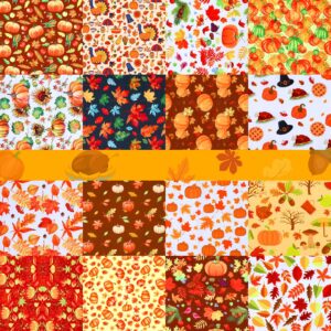 tatuo 16 pieces thanksgiving fabric fall fabric fat fabric bundles craft plaid fabric squares patchwork with pumpkin maple patterns for autumn diy sewing quilting crafts, 10 x 10 inch(vivid pattern)