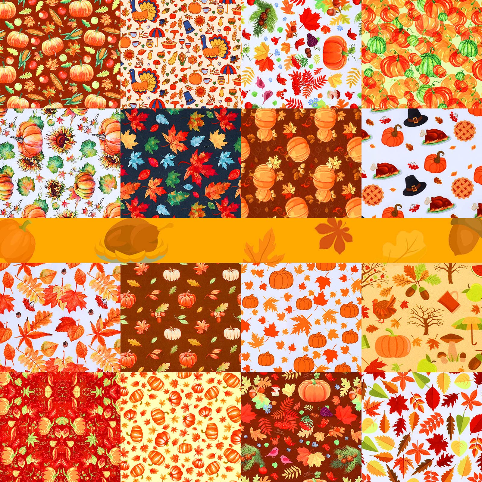 Tatuo 16 Pieces Thanksgiving Fabric Fall Fabric Fat Fabric Bundles Craft Plaid Fabric Squares Patchwork with Pumpkin Maple Patterns for Autumn DIY Sewing Quilting Crafts, 10 x 10 Inch(Vivid Pattern)