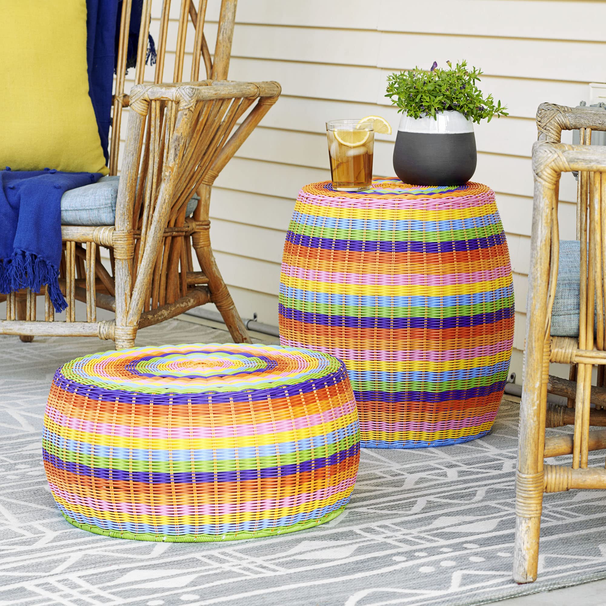 Household Essentials Handwoven Resin Barrel Side Table, Multicolor