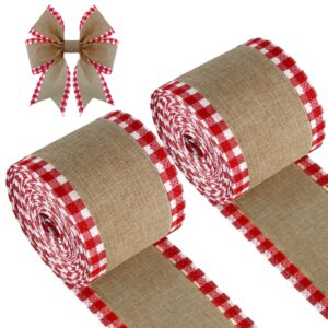 2 rolls christmas buffalo plaid wired edge ribbons christmas tree burlap fabric craft ribbon wrapping ribbon with checkered edge, 216 inch (red and white,2.5 inch width)