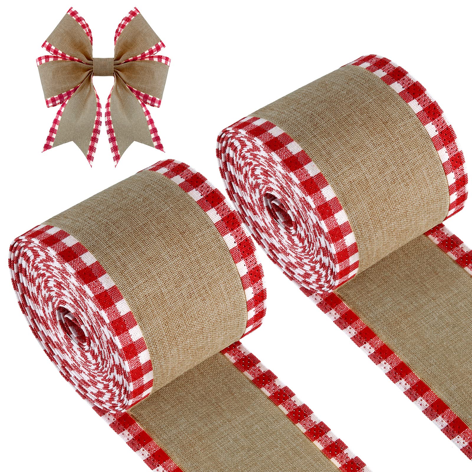 2 Rolls Christmas Buffalo Plaid Wired Edge Ribbons Christmas Tree Burlap Fabric Craft Ribbon Wrapping Ribbon with Checkered Edge, 216 Inch (Red and White,2.5 Inch Width)