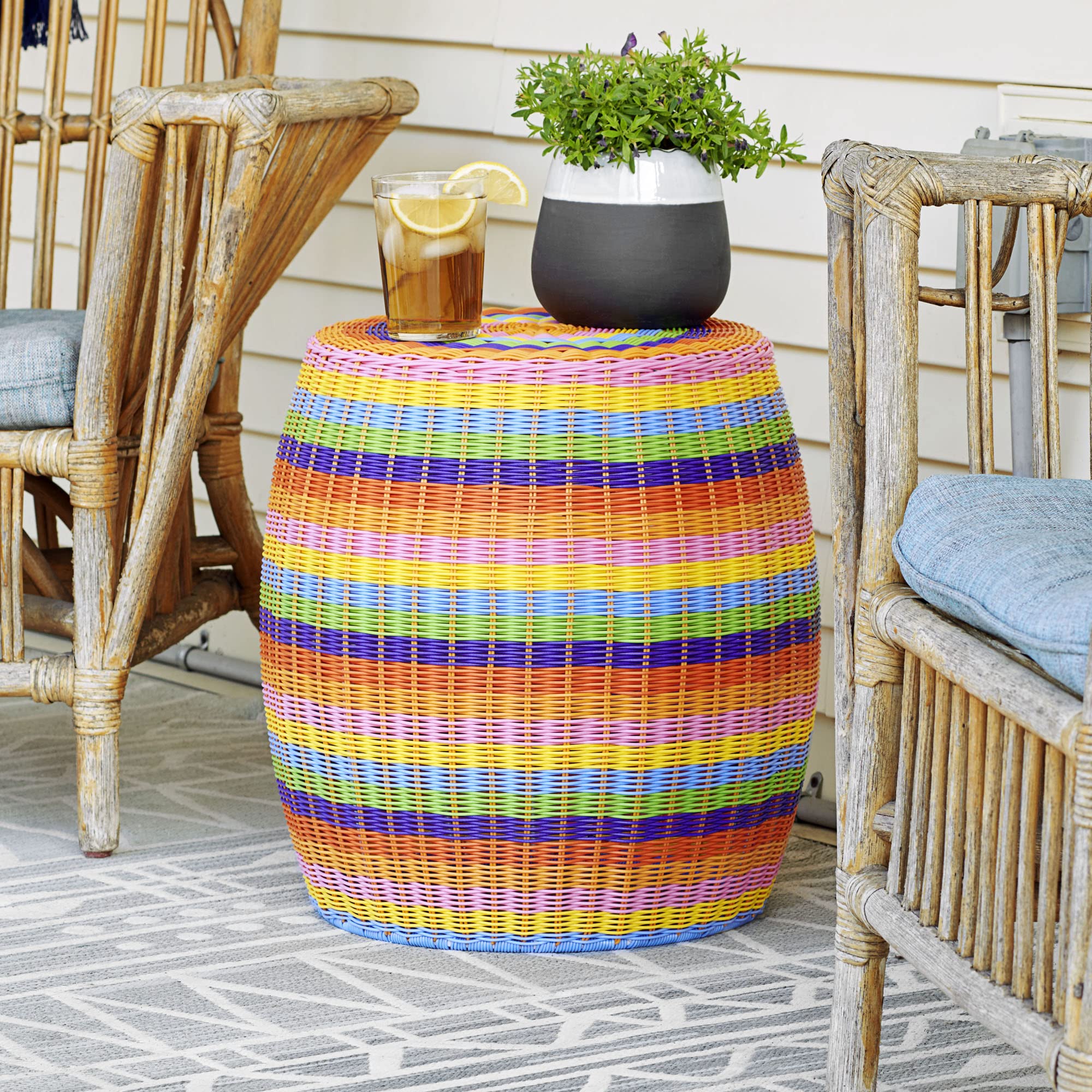 Household Essentials Handwoven Resin Barrel Side Table, Multicolor