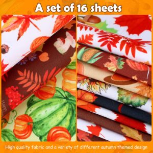 Tatuo 16 Pieces Thanksgiving Fabric Fall Fabric Fat Fabric Bundles Craft Plaid Fabric Squares Patchwork with Pumpkin Maple Patterns for Autumn DIY Sewing Quilting Crafts, 10 x 10 Inch(Vivid Pattern)