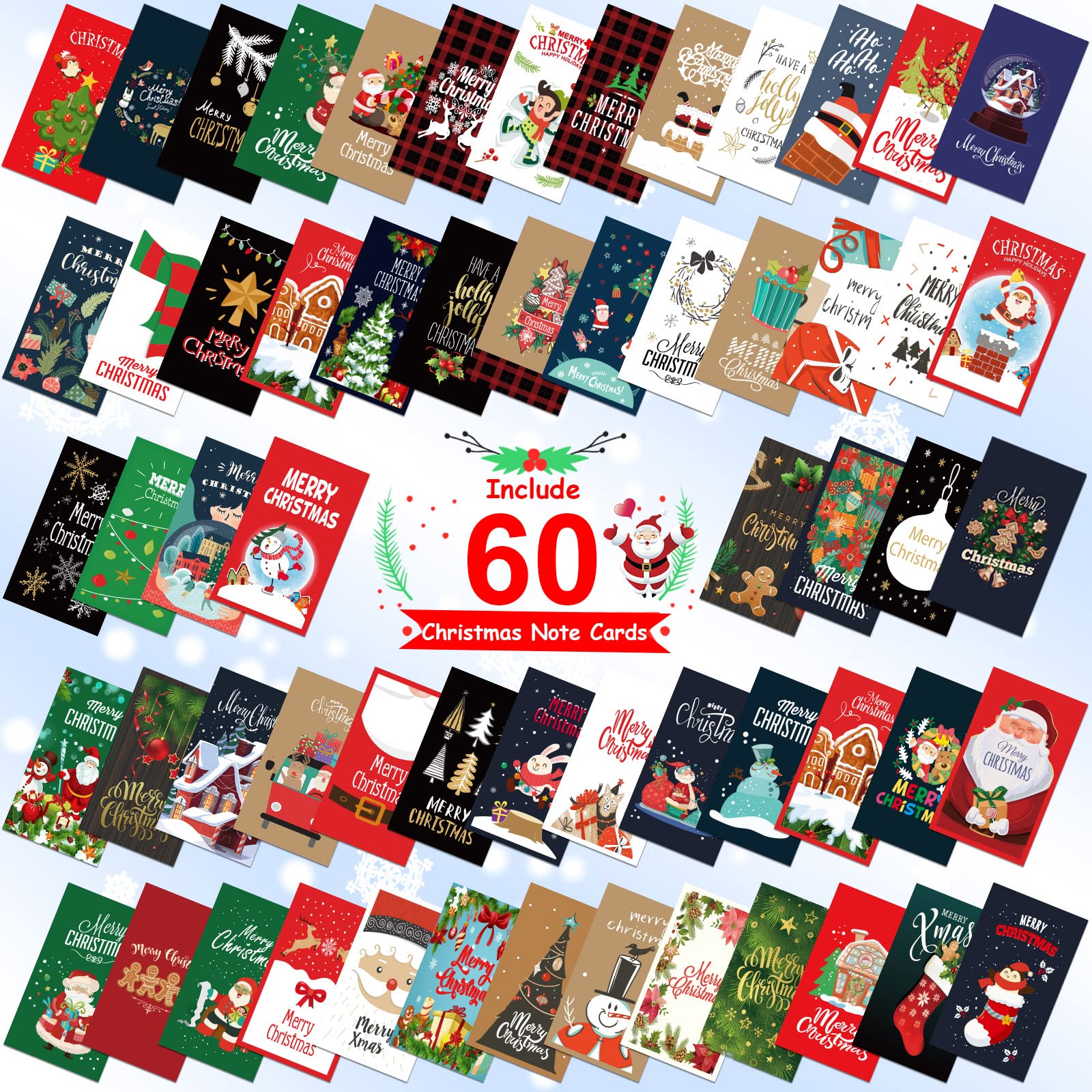 60 Pieces Christmas Greeting Cards 2 x 3.5 Inch Small Christmas Note Cards Claus Snowman Elk Note Cards Funny Mini Christmas Thank You Cards for Christmas Party Celebration Supplies, 60 Designs