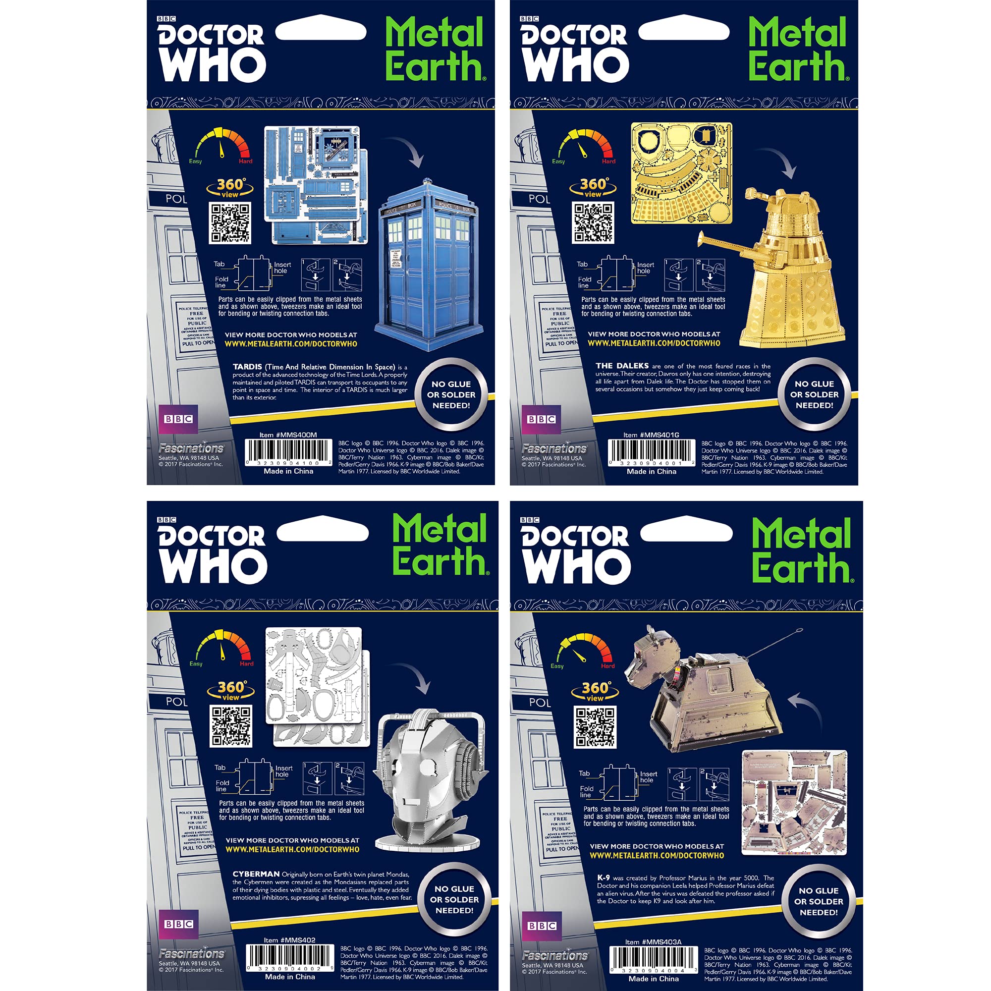 Metal Earth Fascinations 3D Metal Model Kits Dr Who Set of 4 - Tardis - Gold Dalek - Cyberman Head - Rusty K-9