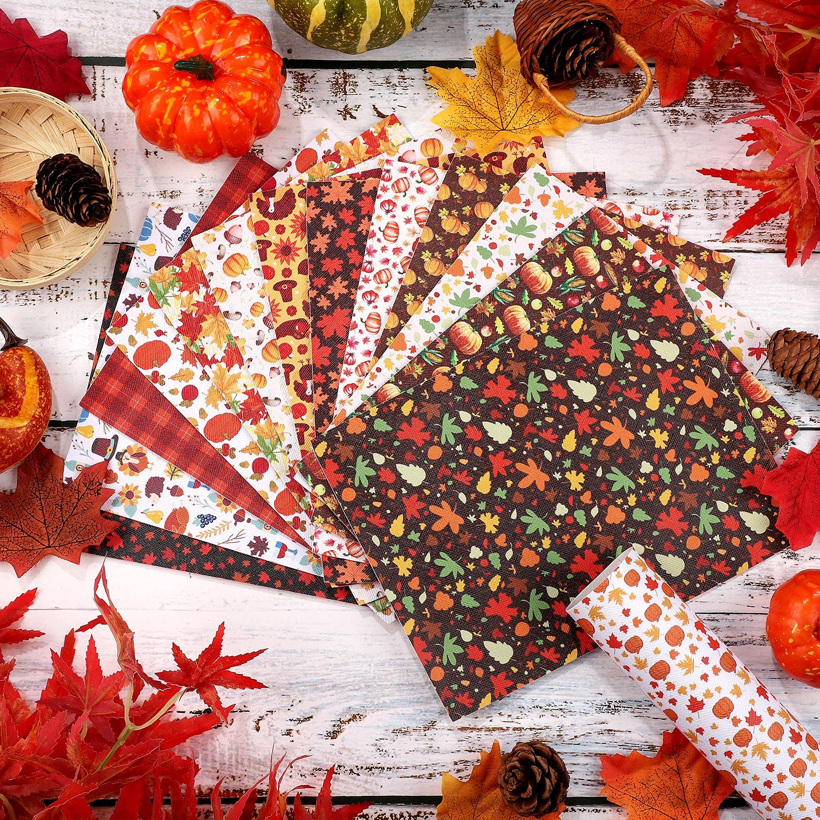 15 Pieces Fall Thanksgiving Faux Leather Sheet Autumn Theme Plaid Printed Artificial Leather Sheet Pumpkin Fall Leaves Pattern Synthetic Leather Sheet for DIY, 8.3 x 6.3 Inch