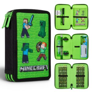 minecraft children's pencil case with multiple compartments, stationery included – school supply (green mob)