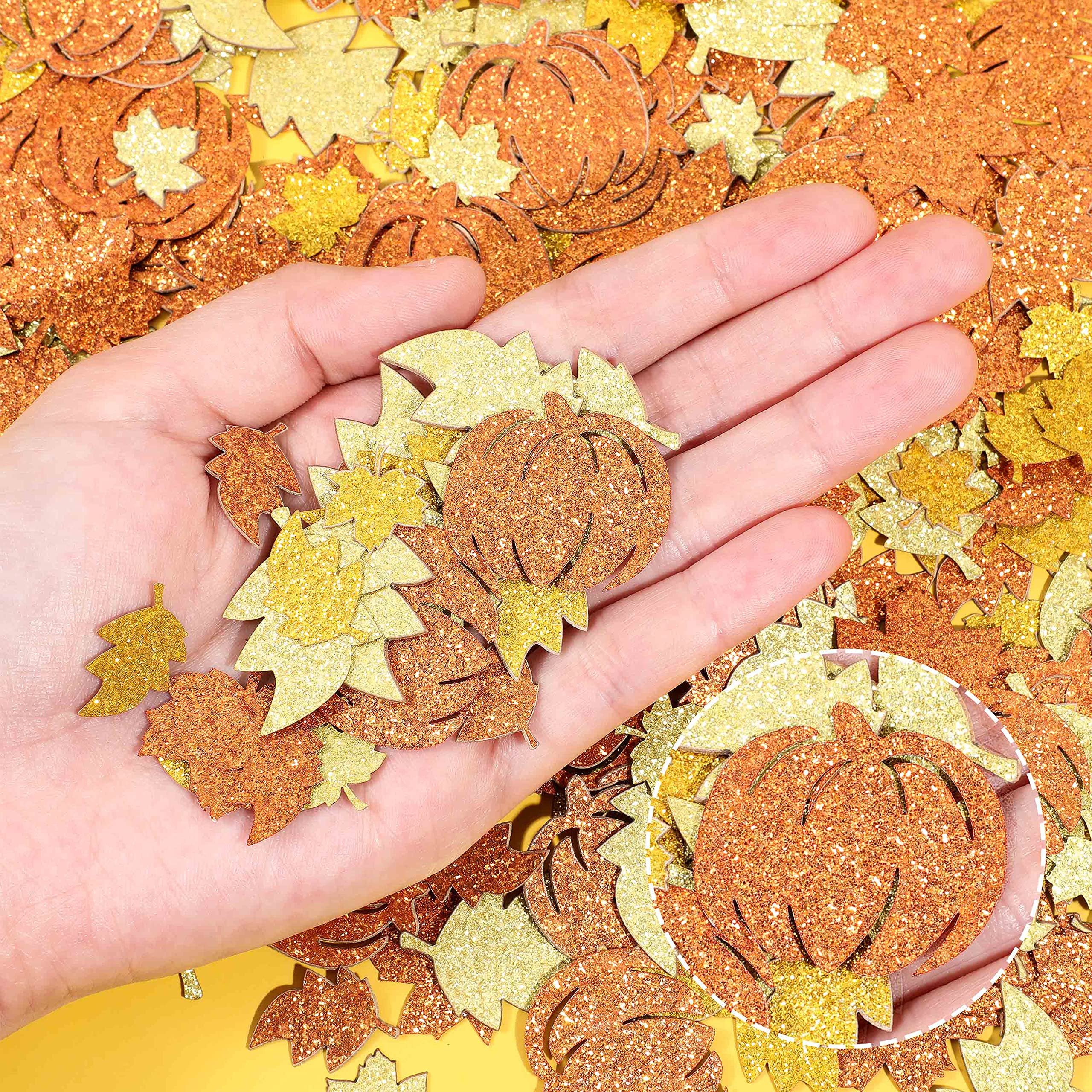 300 Pcs Fall Glitter Maple Leaf Pumpkin Party Table Confetti Autumn Harvest Thanksgiving Table Scatter for Fall Party Birthday Bridal Shower Decor