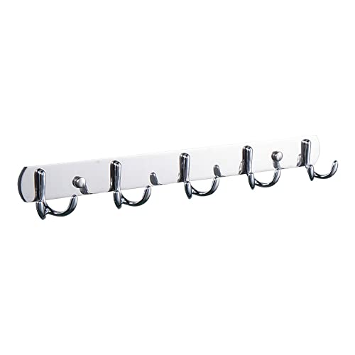 Juvielich Dual Prong Coat Hooks Wall Mounted Coat Hook with Adjustable Hooks for Hats Cloths Rack, Stainless Steel, 5 Hooks 450mm/17.72" Silver Colored Polished Finish,1 Pcs